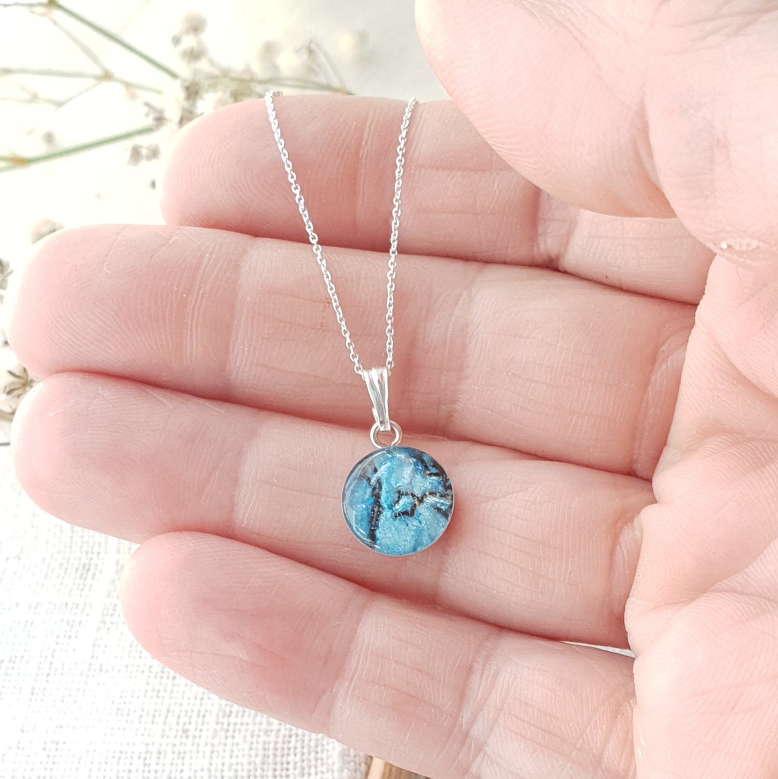 Small Blue Pendant, Round Resin Pendant, Small Blue Resin Necklace ...