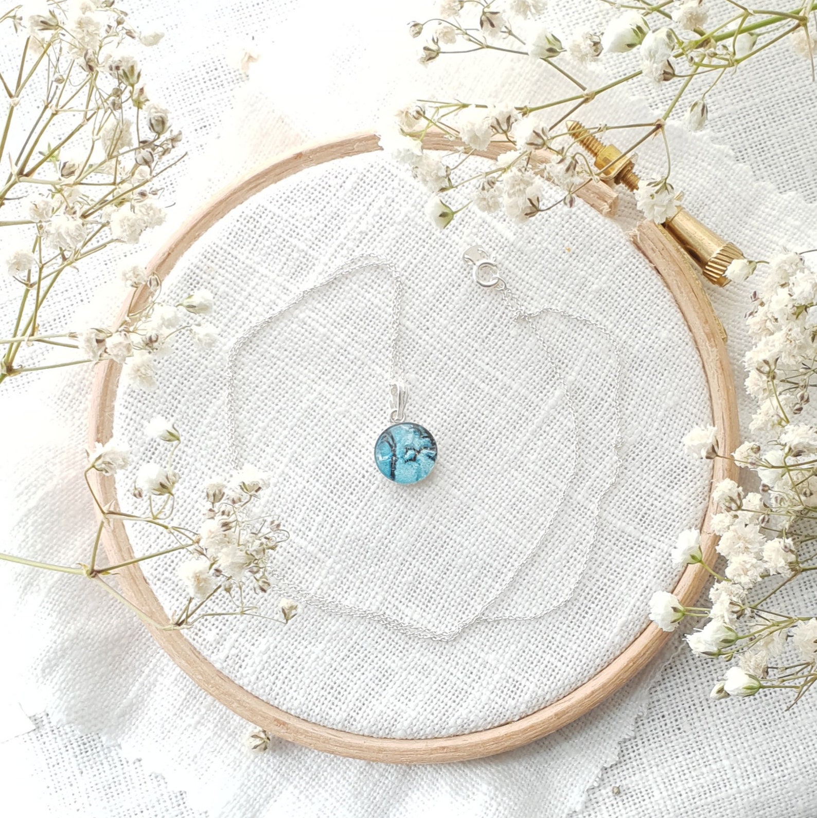 Small Blue Pendant, Round Resin Pendant, Small Blue Resin Necklace ...