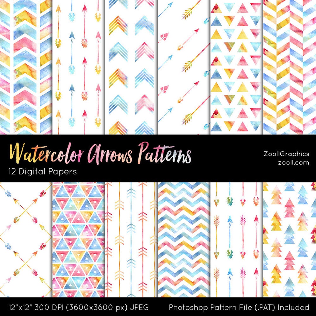 Watercolor Arrows Patterns, 12 Digital Papers (12“x12“), Photoshop ...