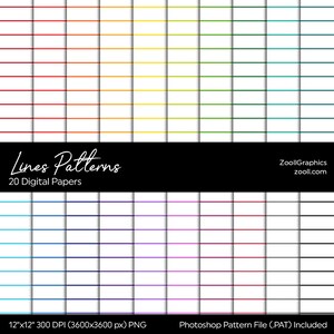 Lines Patterns, 20 Digital Papers 12“x12“, PAT File Included, Rainbow ...