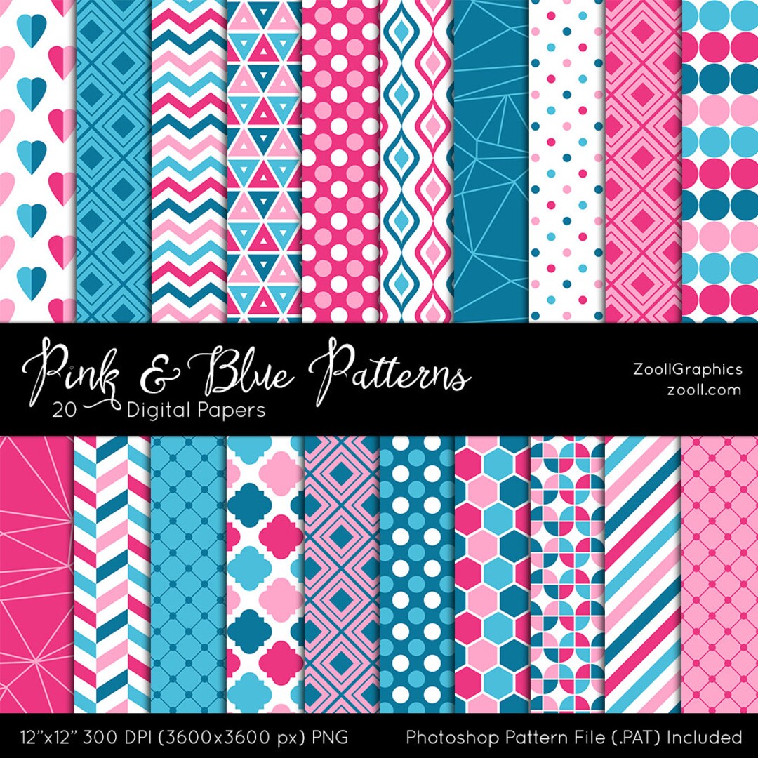 Pink and Blue Patterns, 20 Digital Papers (12“x12“), Pattern File PAT ...
