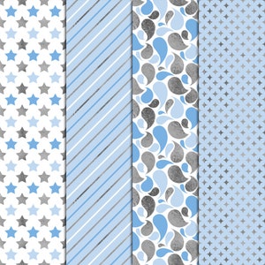 Baby Blue & Silver Patterns, 20 Digital Papers 12“x12“, Baby Shower ...
