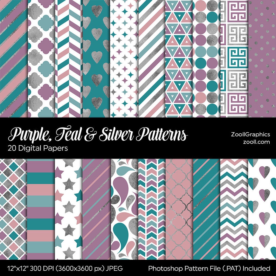 Purple, Teal & Silver Patterns, 20 Digital Papers 12“x12“, Silver ...