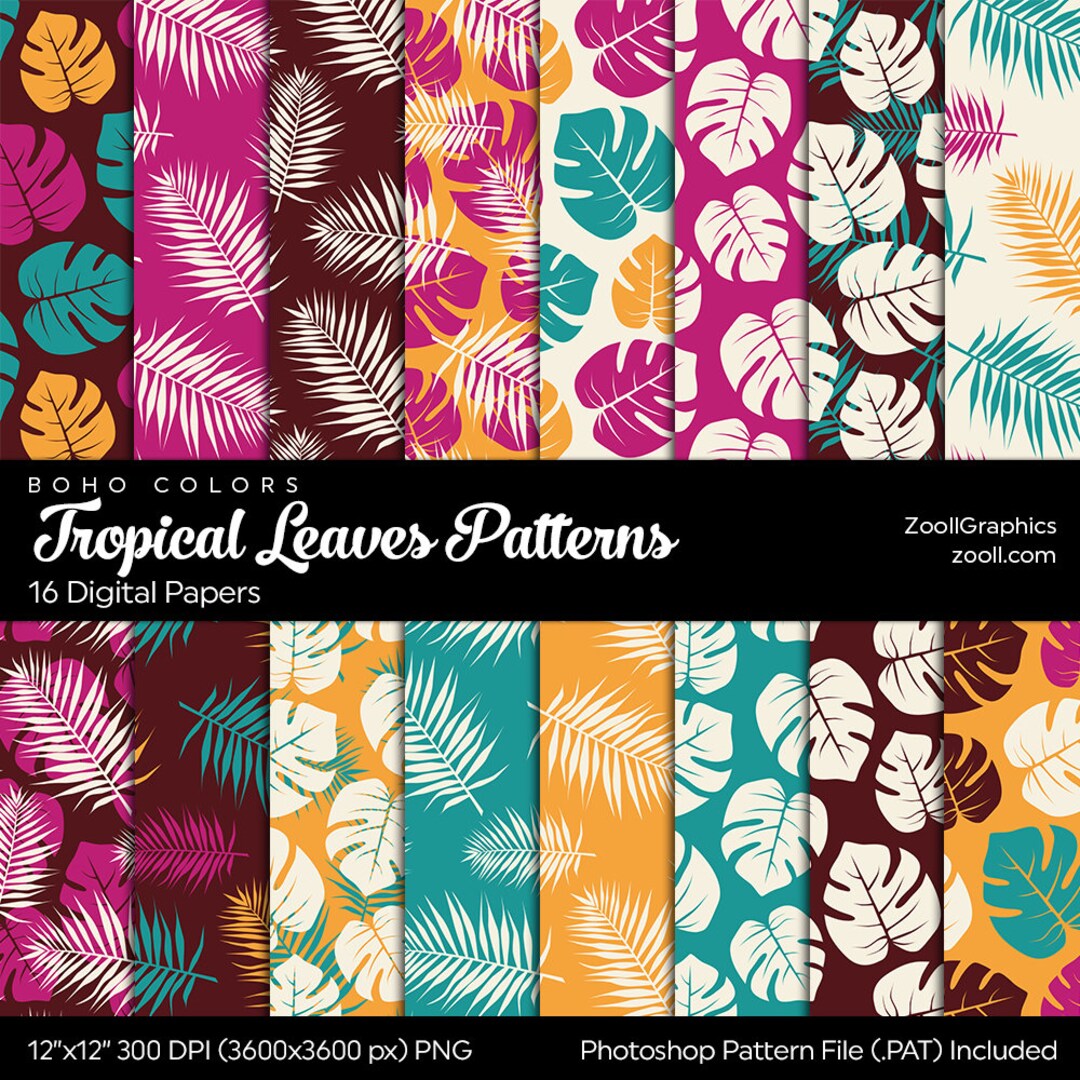 Tropical Leaves Boho Colors Patterns, 16 Digital Papers 12x12, Pattern ...