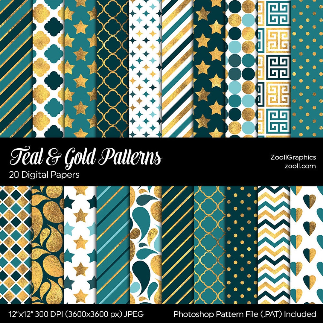 Teal and Gold Patterns, 20 Digital Papers 12“x12“, PAT File Included ...