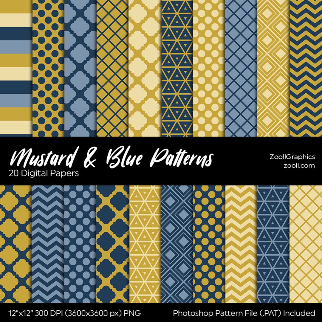 Mustard and Blue Patterns, 20 Digital Papers (12“x12“), PAT File ...