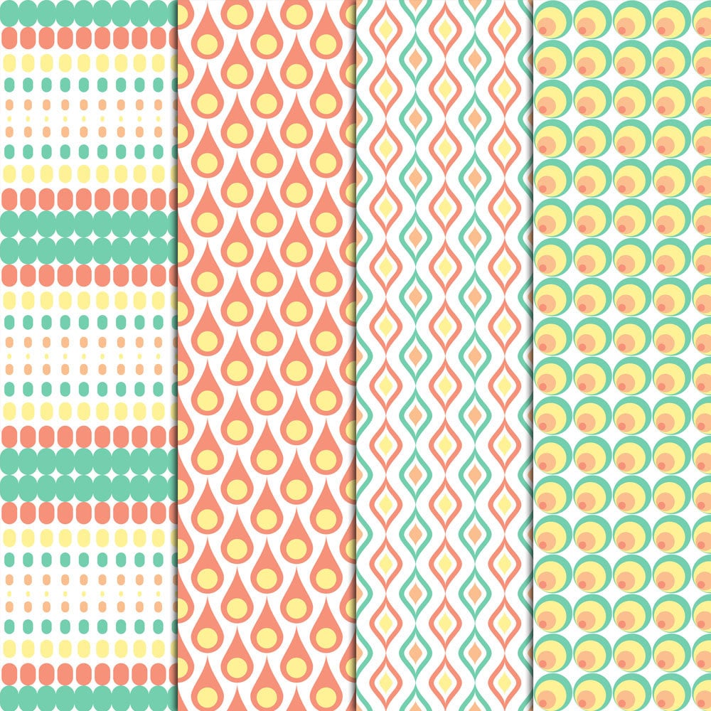Retro Summer Colors Patterns, 60's/70's Patterns, 20 Digital Papers 12 ...