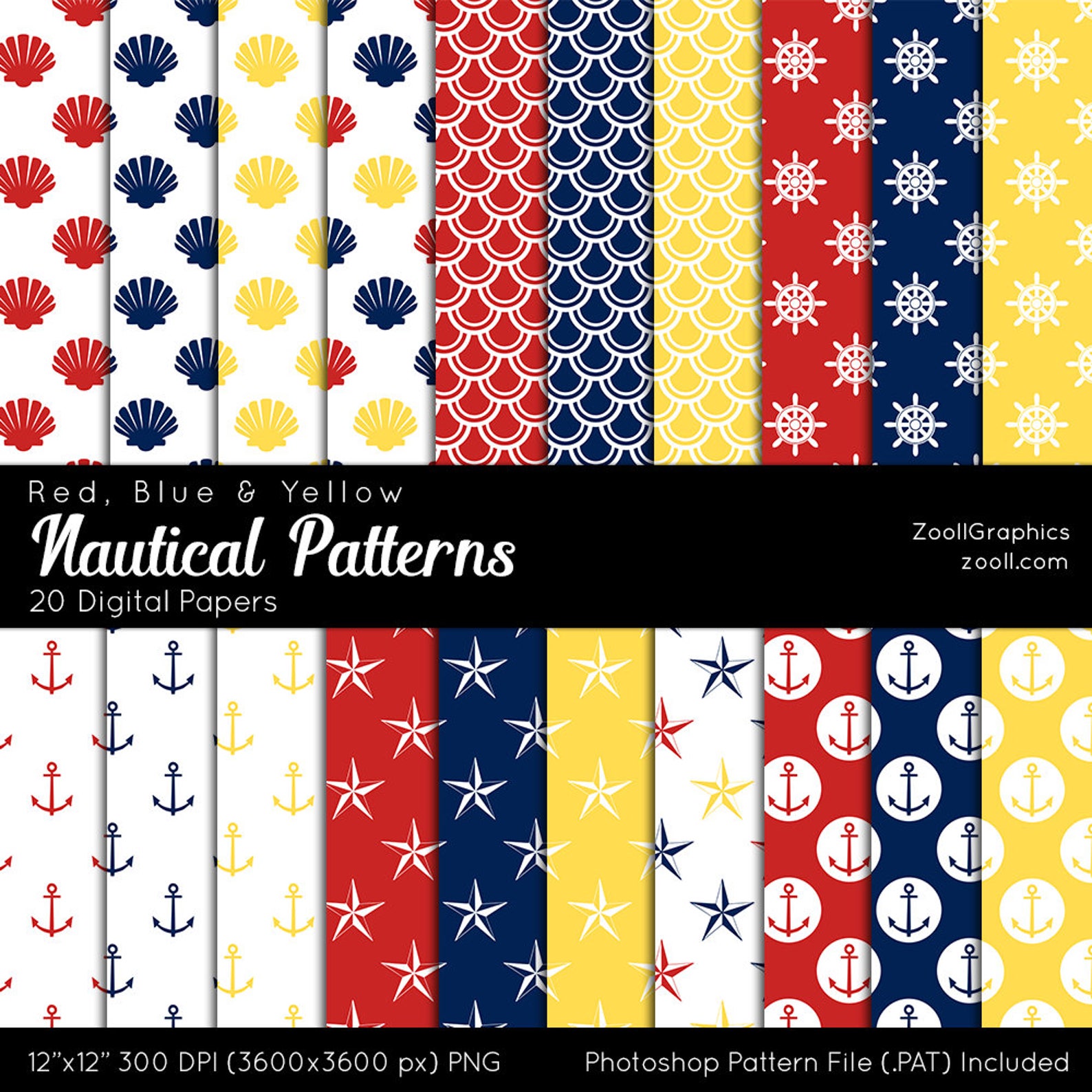 Nautical Patterns Red Blue & Yellow 20 Digital Papers - Etsy