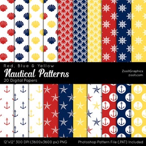 Nautical Patterns – Red, Blue & Yellow, 20 Digital Papers 12"x12 ...