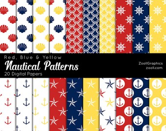 Red and Blue Nautical Digital Paper With Lobster Shark Oar - Etsy