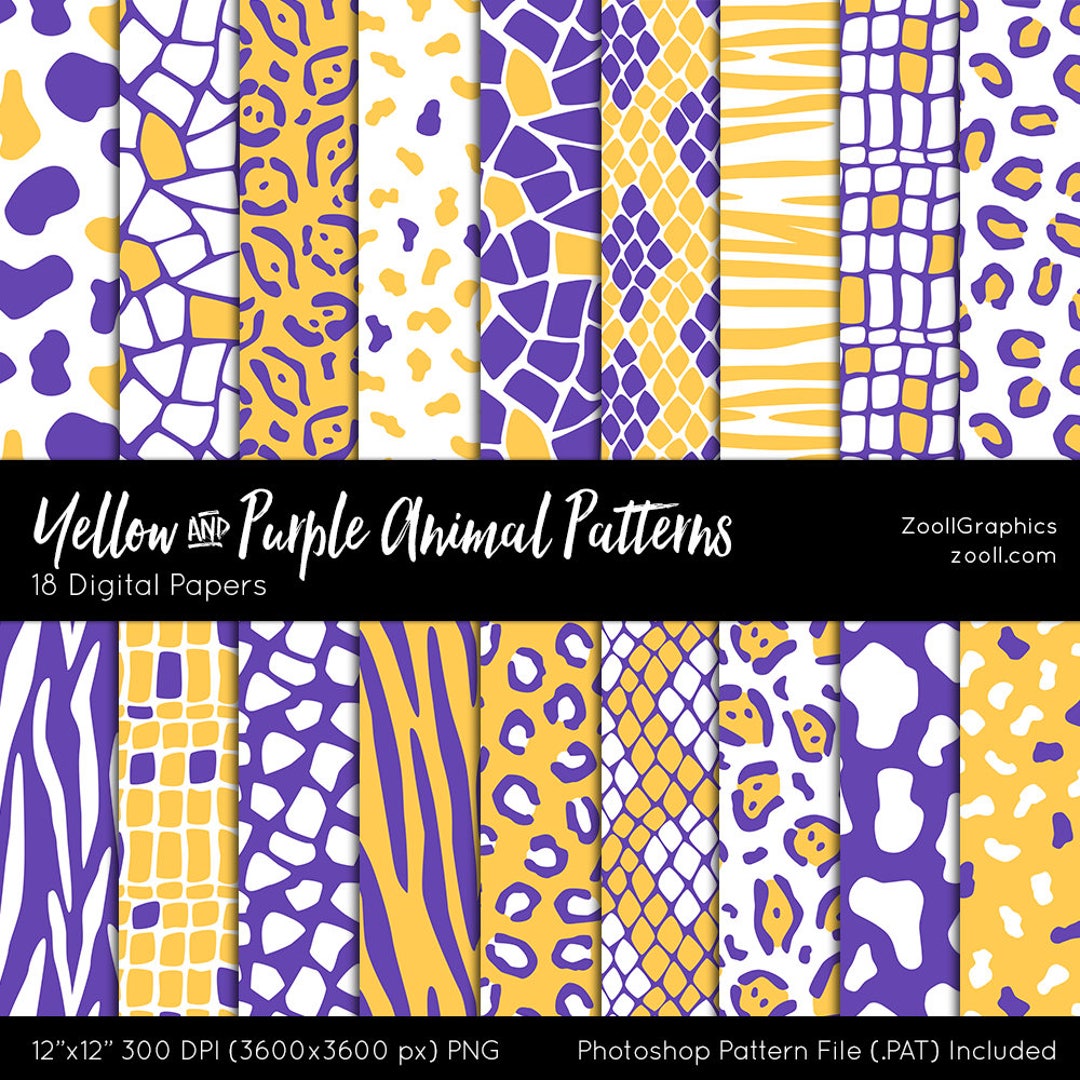 Yellow & Purple Animals Patterns, 18 Digital Papers (12“x12 ...