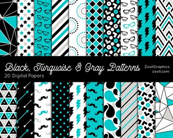 Black, Turquoise & Gray Hipster Patterns, 20 Digital Papers Black, Turquoise & Gray Hipster Patterns, 20 Digital Papers