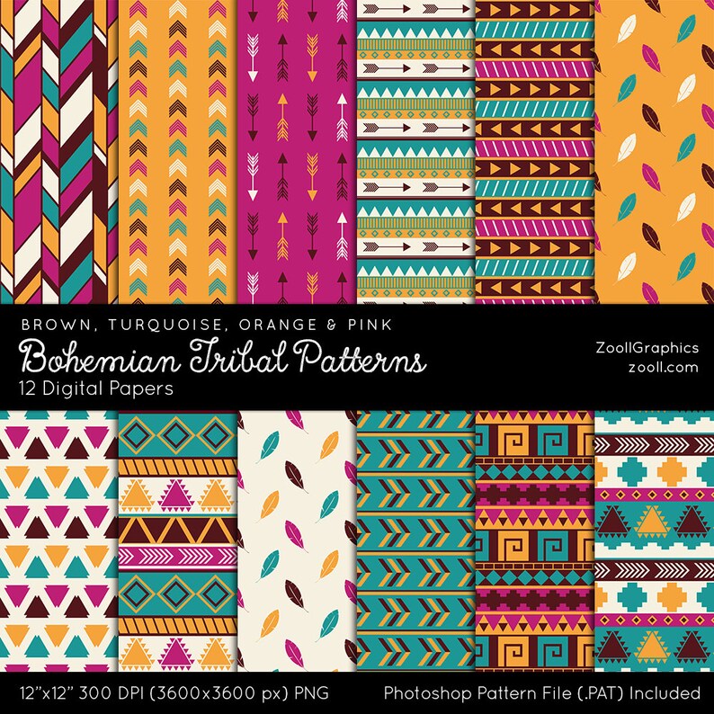 Bohemian Tribal PatternsBrown Turquoise Orange & Pink 12 | Etsy