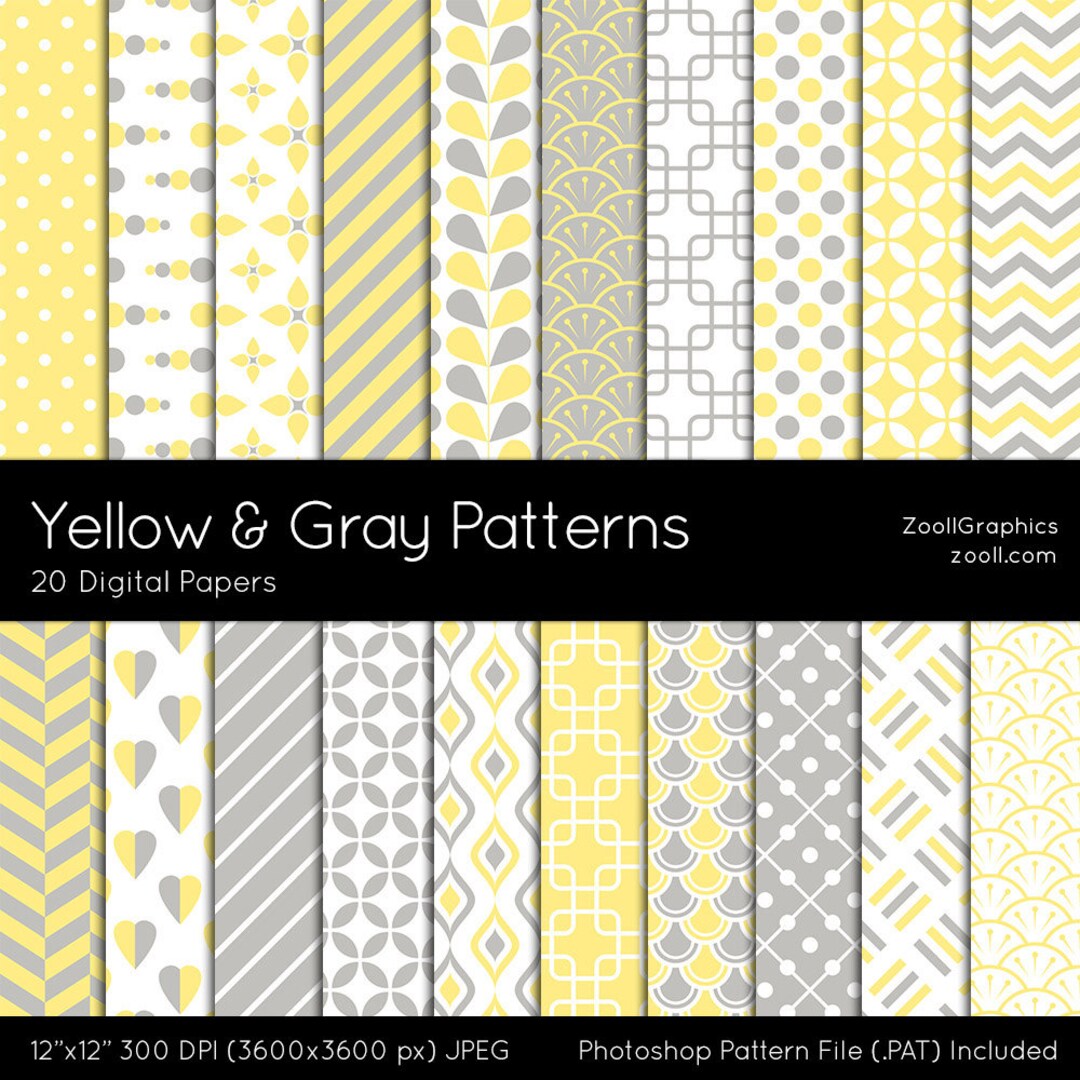 Yellow and Gray Patterns, 20 Digital Papers (12“x12“), Photoshop ...