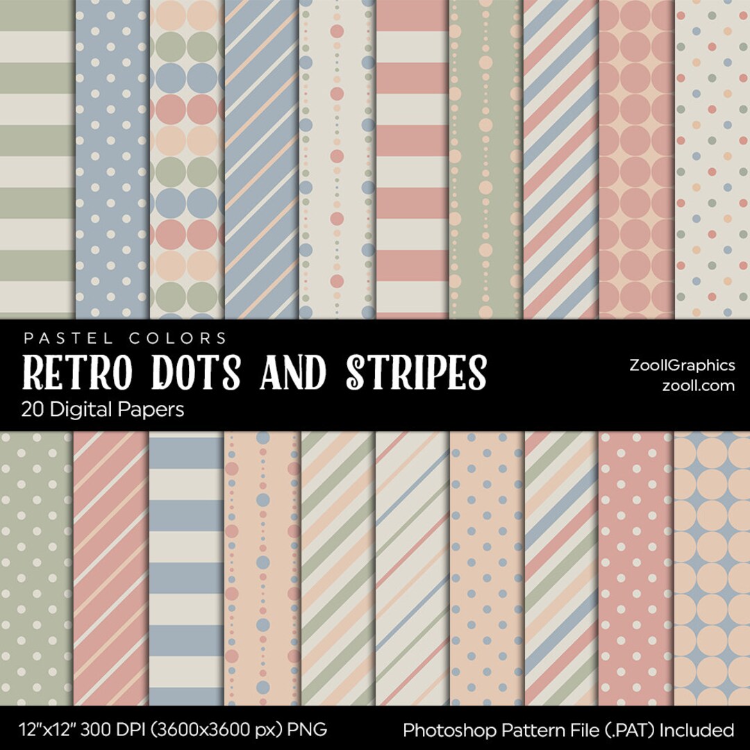 Retro Dots and Stripes Patterns – Pastel Colors, 20 Digital Papers 12 ...