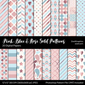 Pink, Blue & Rose Gold Patterns, 20 Digital Papers 12“x12“, PAT File ...
