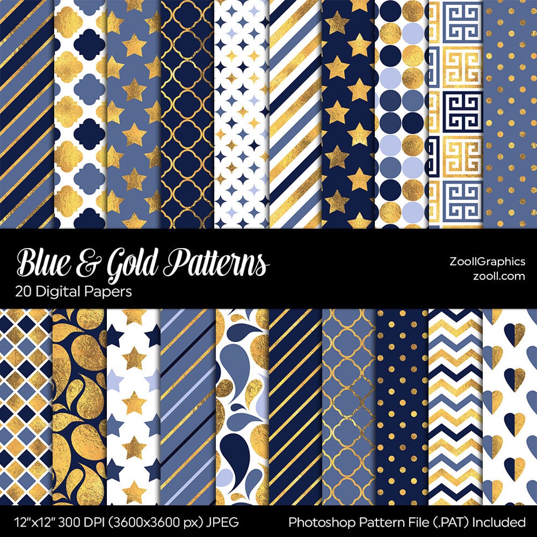 Blue & Gold Patterns, 20 Digital Papers 12“x12“, Photoshop Pattern File ...