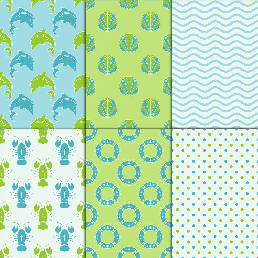 Sea Life Patterns Marine Life Green & Blue 18 Digital | Etsy