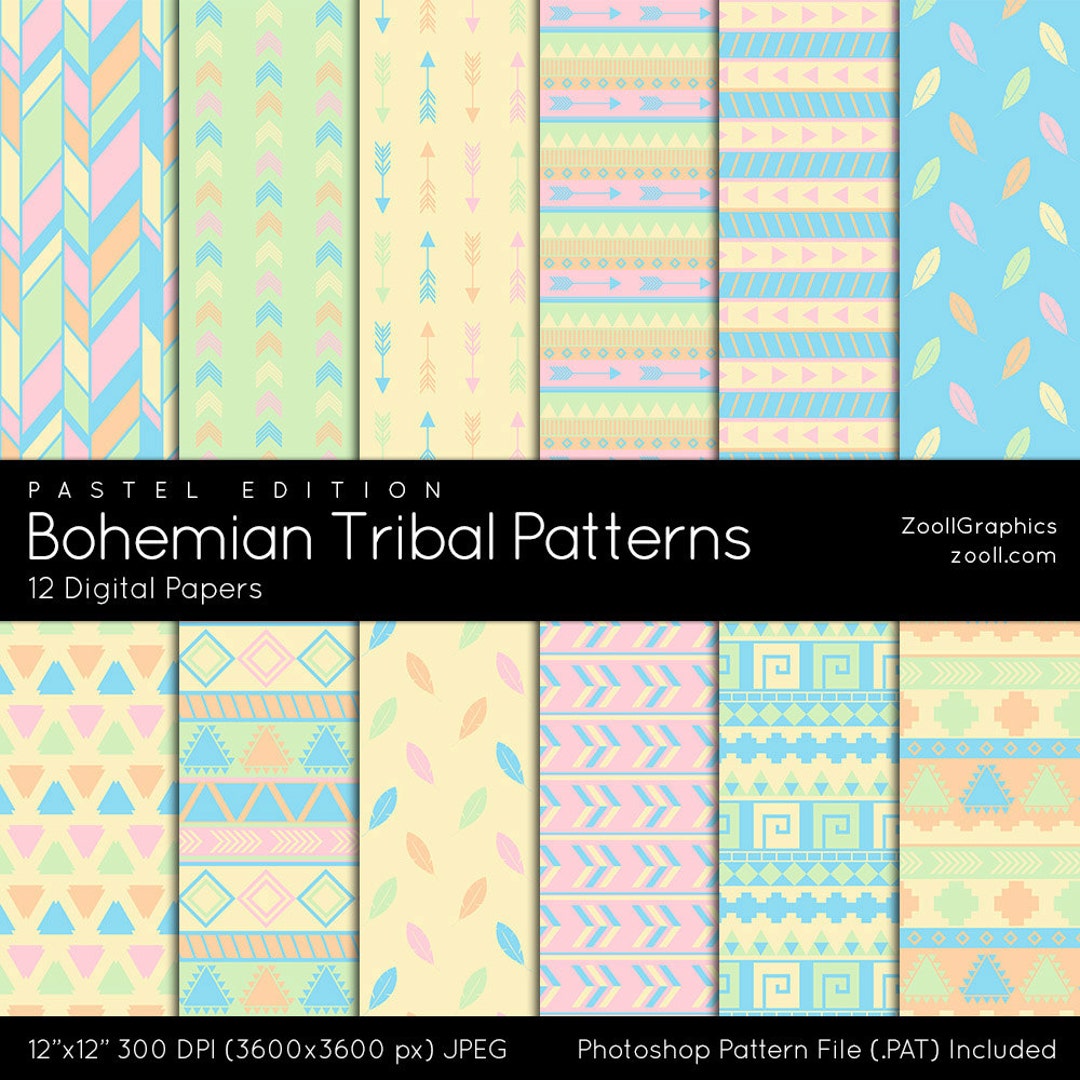 Bohemian Tribal-pastel Edition, 12 Digital Papers (12“x12“), PAT File ...
