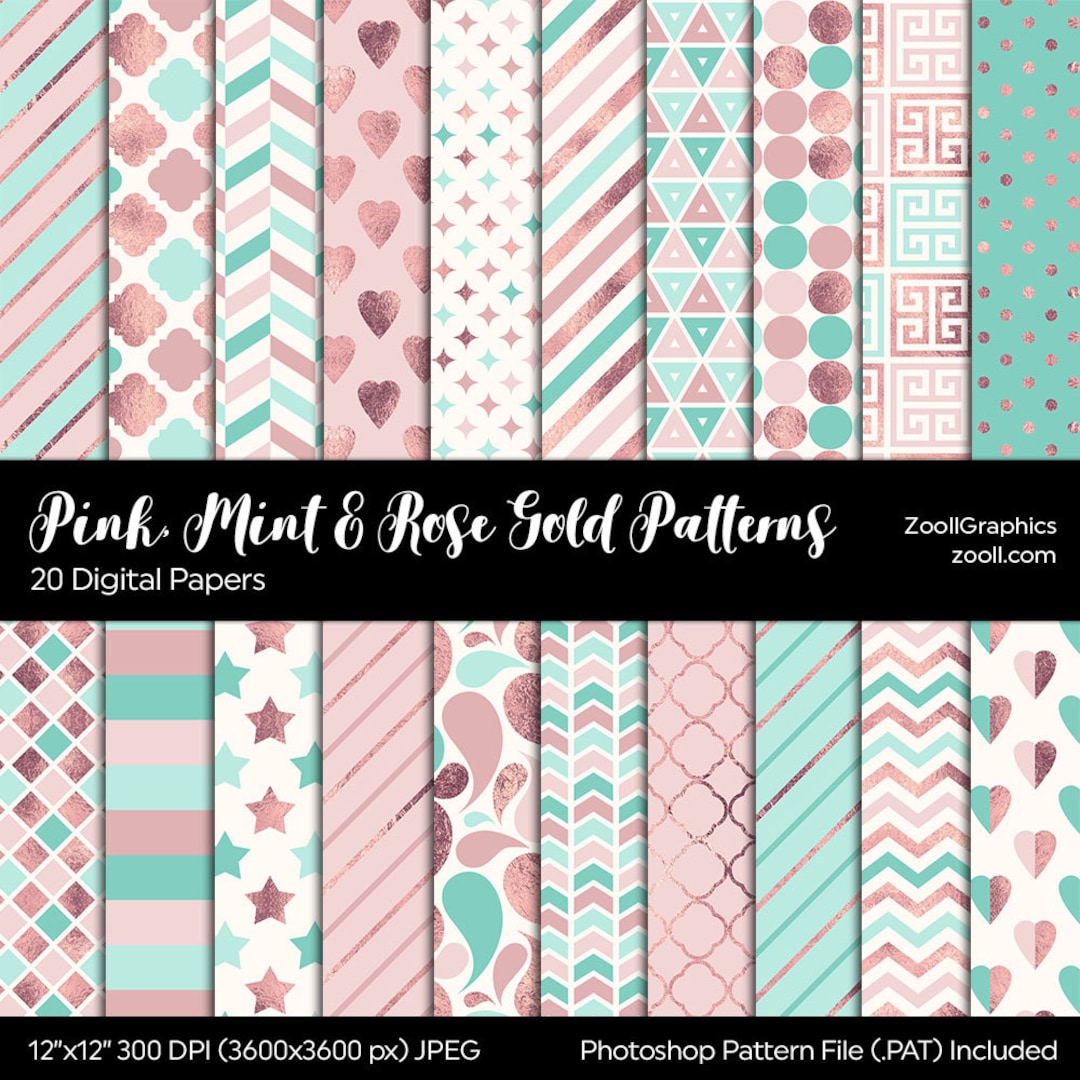 Pink, Mint & Rose Gold Patterns, 20 Digital Papers 12“x12“, Photoshop ...