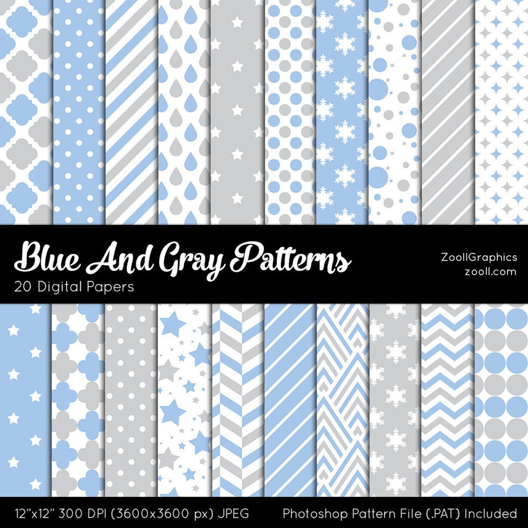 Blue and Gray Patterns, 20 Digital Papers (12“x12“), Photoshop Pattern ...