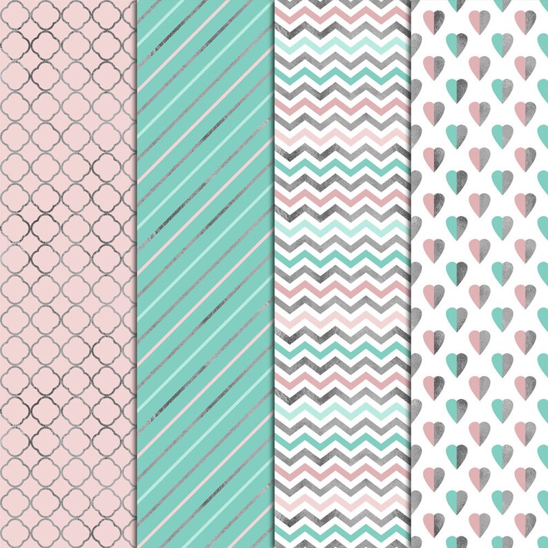 Pink Mint & Silver Patterns 20 Digital Papers 12x12 - Etsy