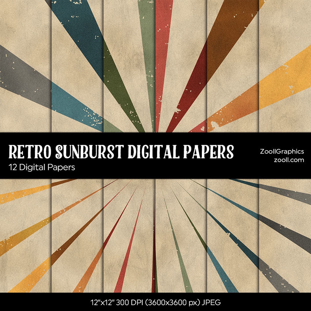 Retro Sunburst Digital Papers, 12 Digital Papers, Distressed Textures ...