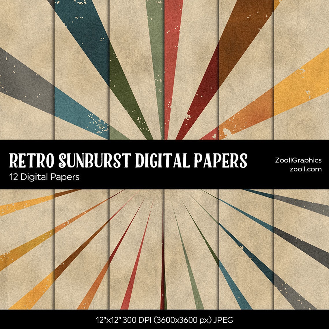 Retro Sunburst Digital Papers 12 Digital Papers Distressed - Etsy