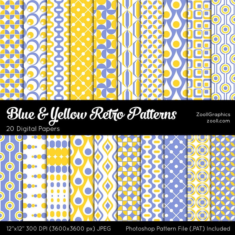 Blue And Yellow Retro Patterns 20 Digital Papers 12x12 | Etsy