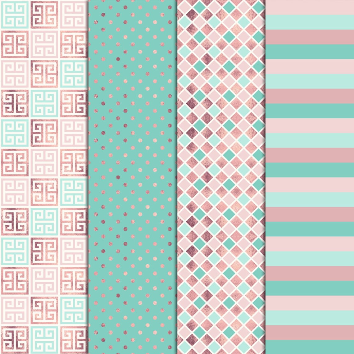 Pink, Mint & Rose Gold Patterns, 20 Digital Papers 12“x12“, Photoshop ...