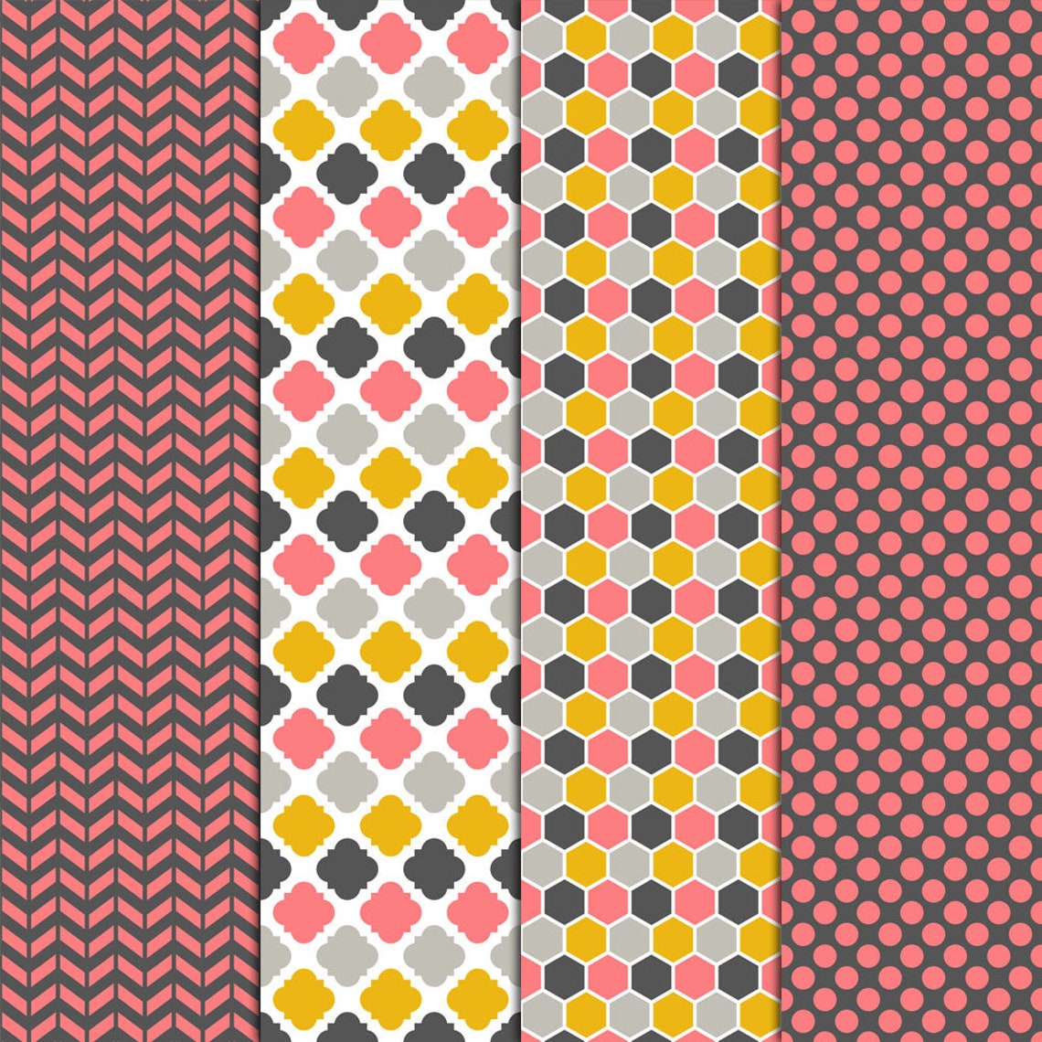 Gray Mustard & Coral Patterns 20 Digital Papers 12x12 | Etsy