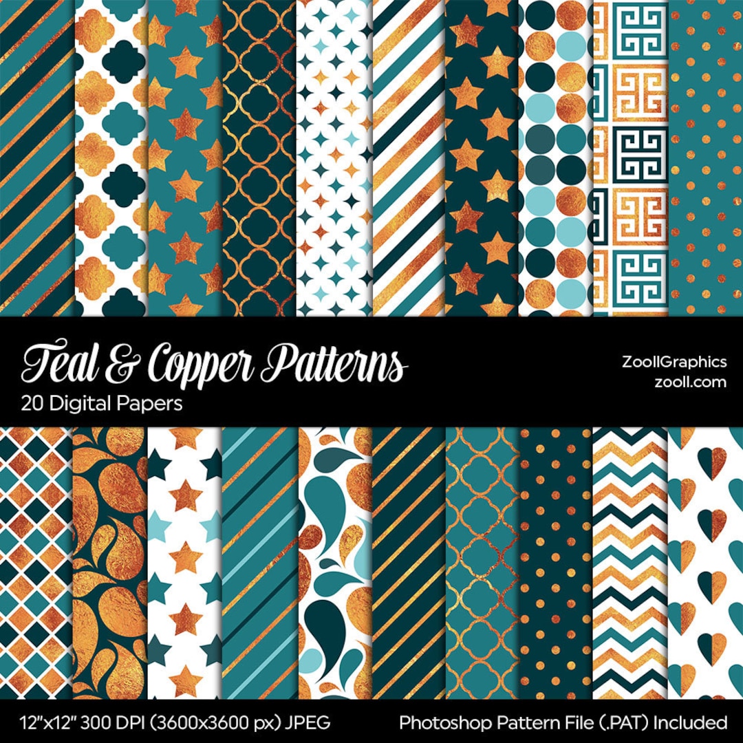 Teal & Copper Patterns, 20 Digital Papers 12“x12“, PAT File Included ...