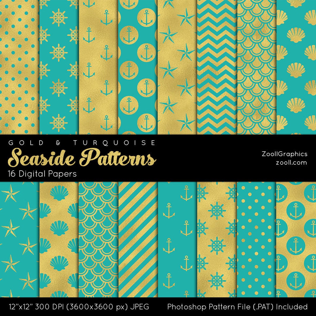 Seaside Patterns Gold Turquoise 16 Digital Papers (12“x12“), Pattern ...