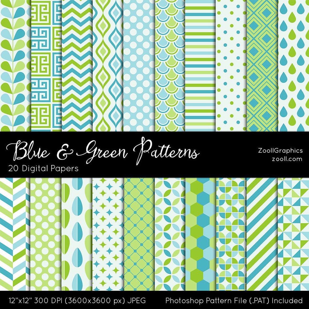 Blue and Green Patterns, 20 Digital Papers 12“x12“, Photoshop Pattern ...