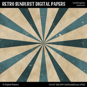 Retro Sunburst Digital Papers, 12 Digital Papers, Distressed Textures ...