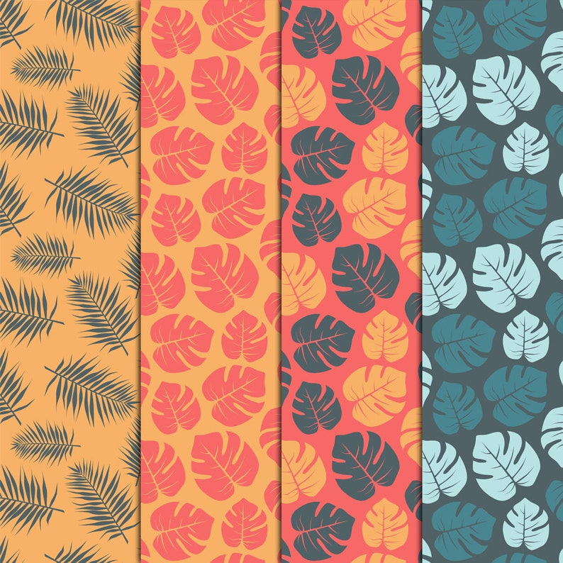Tropical Leaves Orange Red & Blue Patterns 16 Digital Papers - Etsy