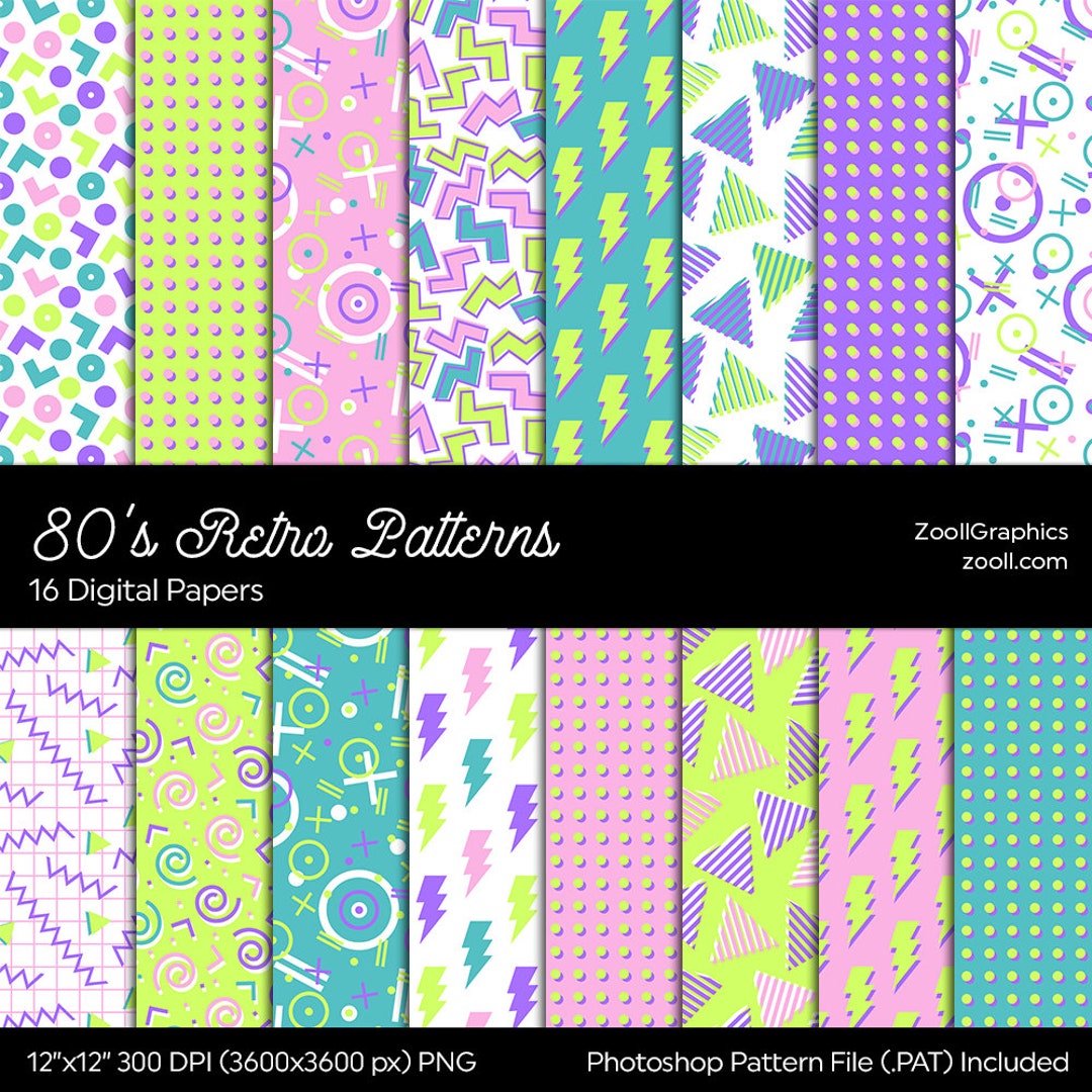 80's Retro Light Patterns, 80's/90's Patterns, 16 Digital Papers 12"x12 ...