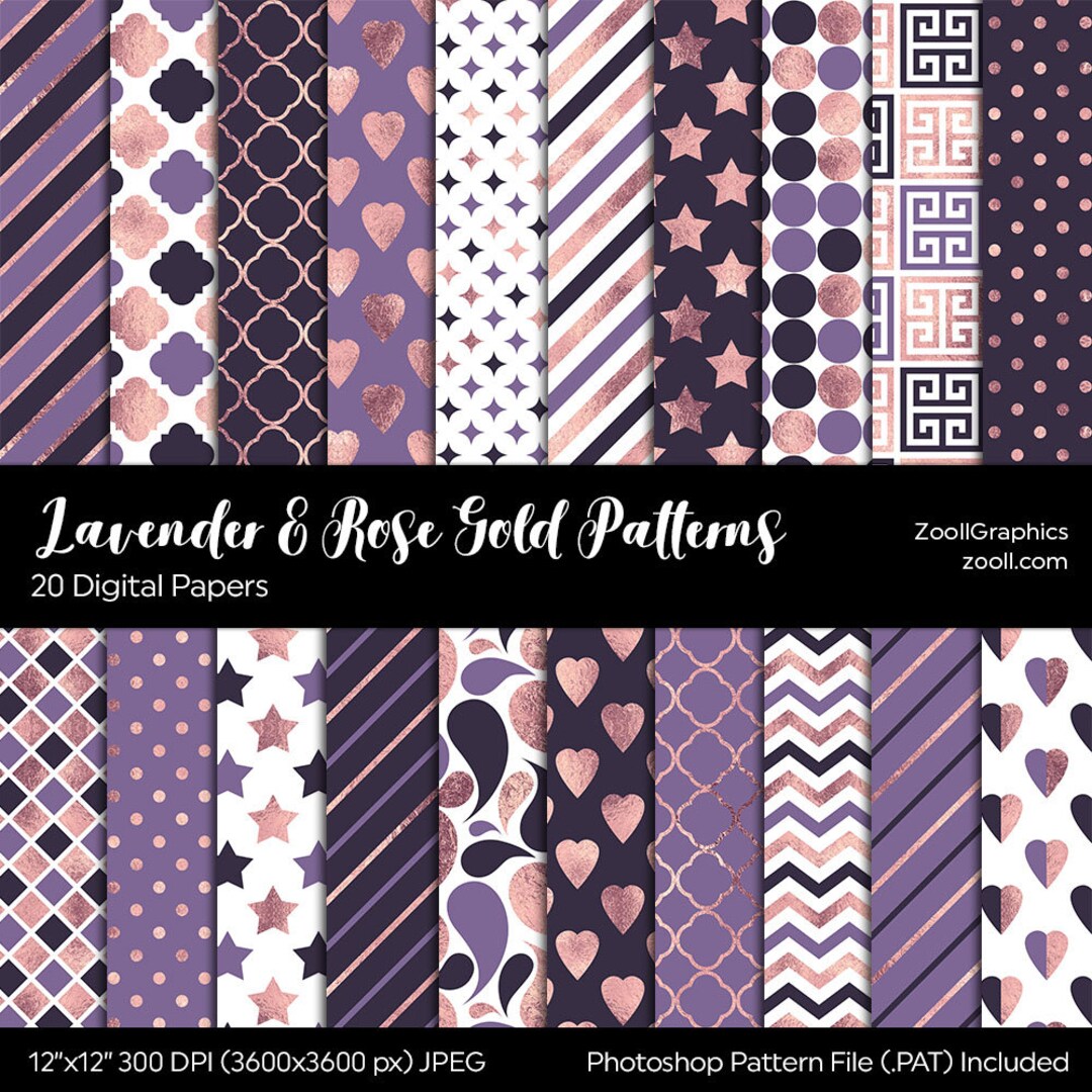 Lavender & Rose Gold Patterns, 20 Digital Papers 12“x12“, PAT File ...