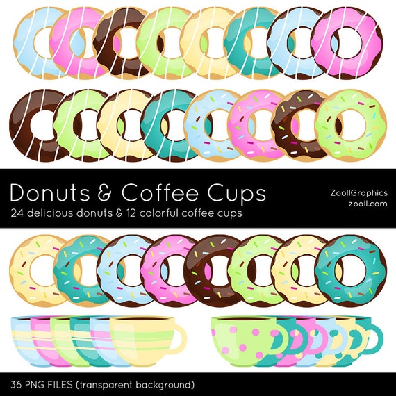 Donuts and Coffee Cups 36 PNG Files Clip Art Colorful Food | Etsy