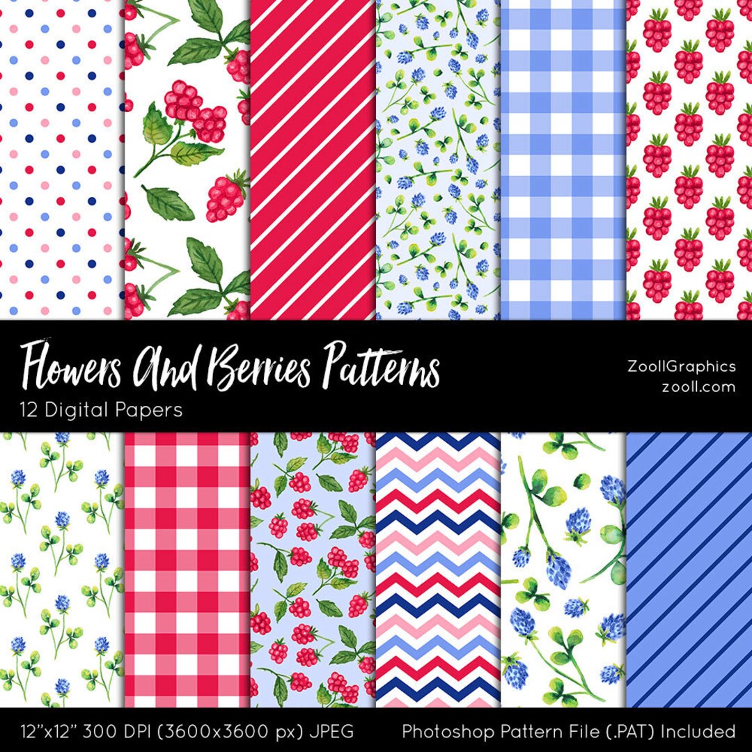 Flowers and Berries Patterns, 12 Digital Papers (12“x12“), Photoshop ...