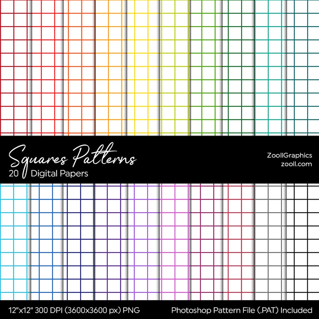 Squares Patterns, 20 Digital Papers 12“x12“, PAT File Included, Rainbow ...