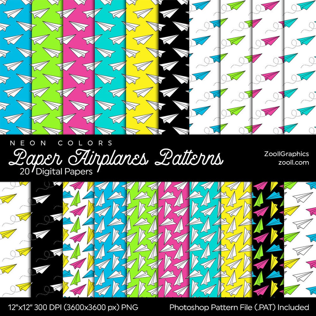 Paper Airplanes Patterns Neon Colors, 20 Digital Papers 12x12, File PAT ...