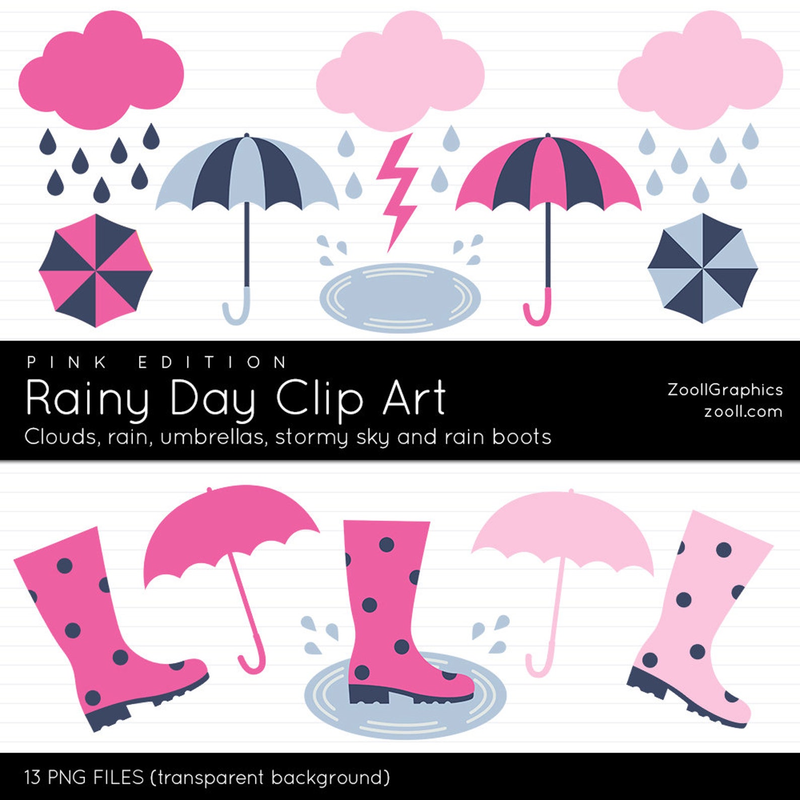 Rainy Day Clip Art Pink Edition 13 PNG Files Clouds - Etsy