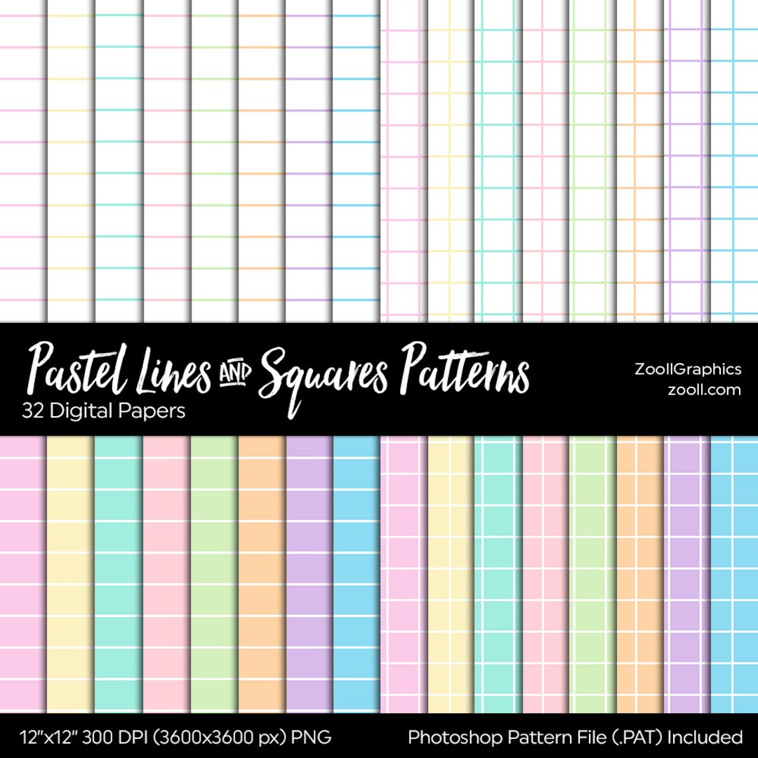 Pastel Lines and Squares Patterns, 32 Digital Papers 12x12, Seamless ...