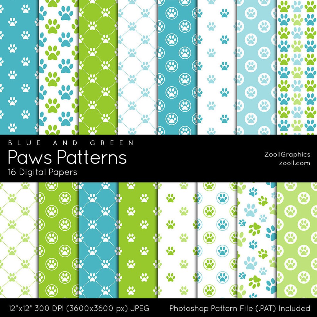 Paws Patterns – Blue and Green, 16 Digital Papers 12“x12“, Cat Dog Paw ...