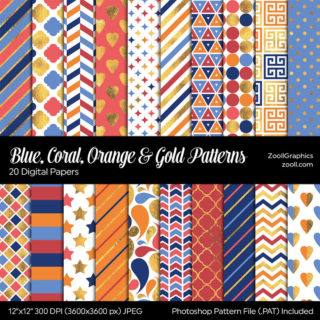 Blue, Coral, Orange & Gold Patterns, 20 Digital Papers 12x12, Photoshop ...