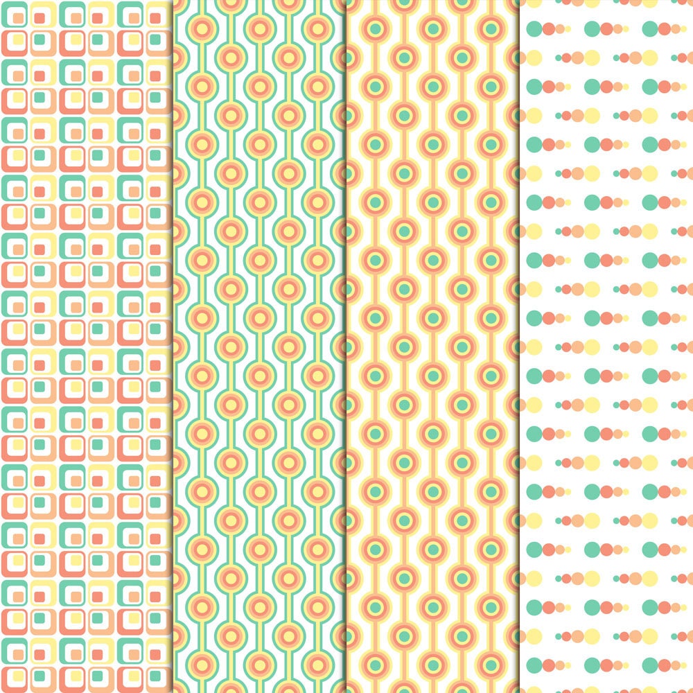 Retro Summer Colors Patterns, 60's/70's Patterns, 20 Digital Papers 12 ...