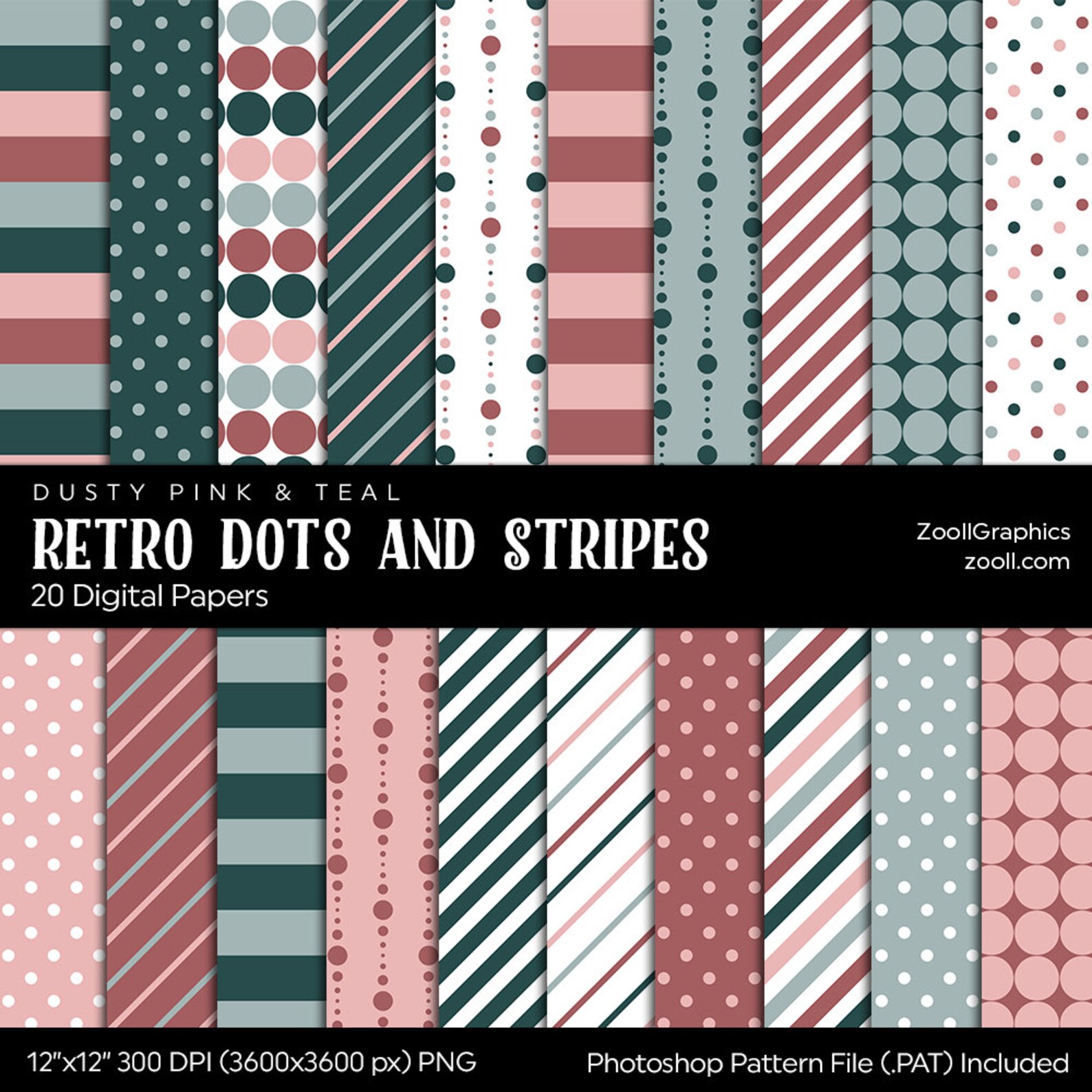 Retro Dots and Stripes Patterns Dusty Pink and Teal 20 - Etsy