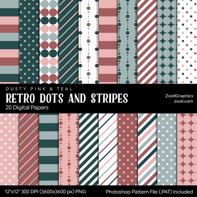Retro Dots and Stripes Patterns Dusty Pink and Teal 20 - Etsy