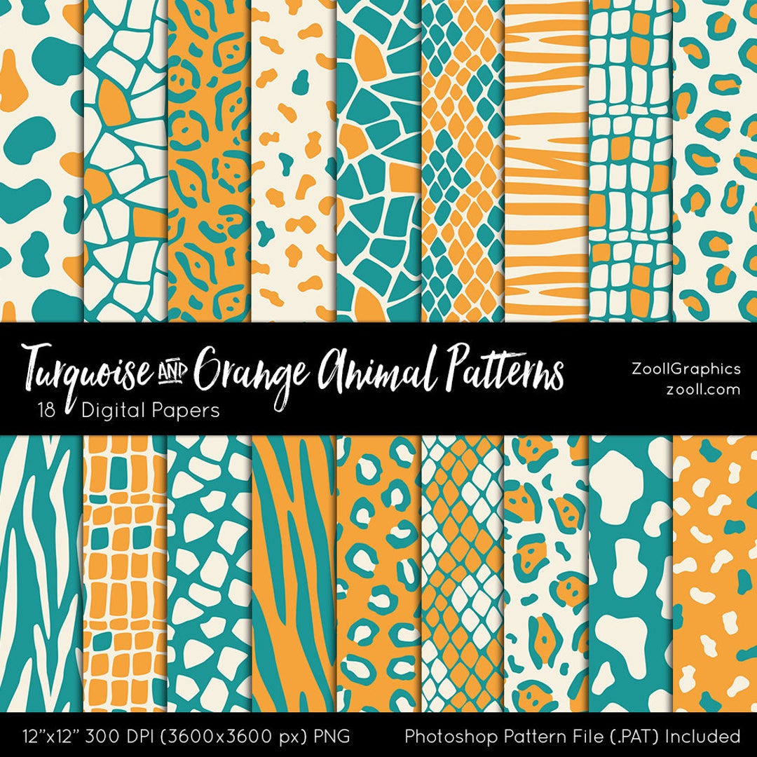 Turquoise & Orange Animals Patterns, 18 Digital Papers (12“x12 ...